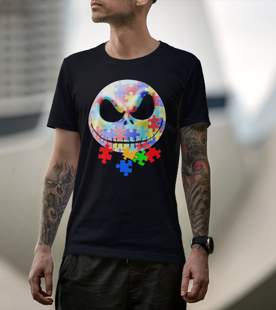 Jacks Skellingtons Faces Autism Awareness Puzzle T-Shirt
