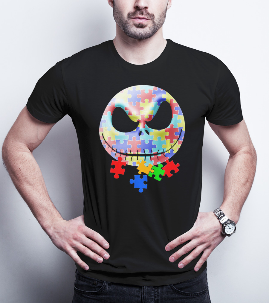 Jacks Skellingtons Faces Autism Awareness Puzzle T-Shirt