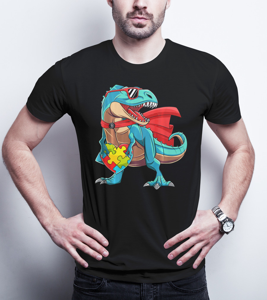 Autism Awareness Dinosaur Puzzle With Superhero Cape And Sunglasses T-Shirt