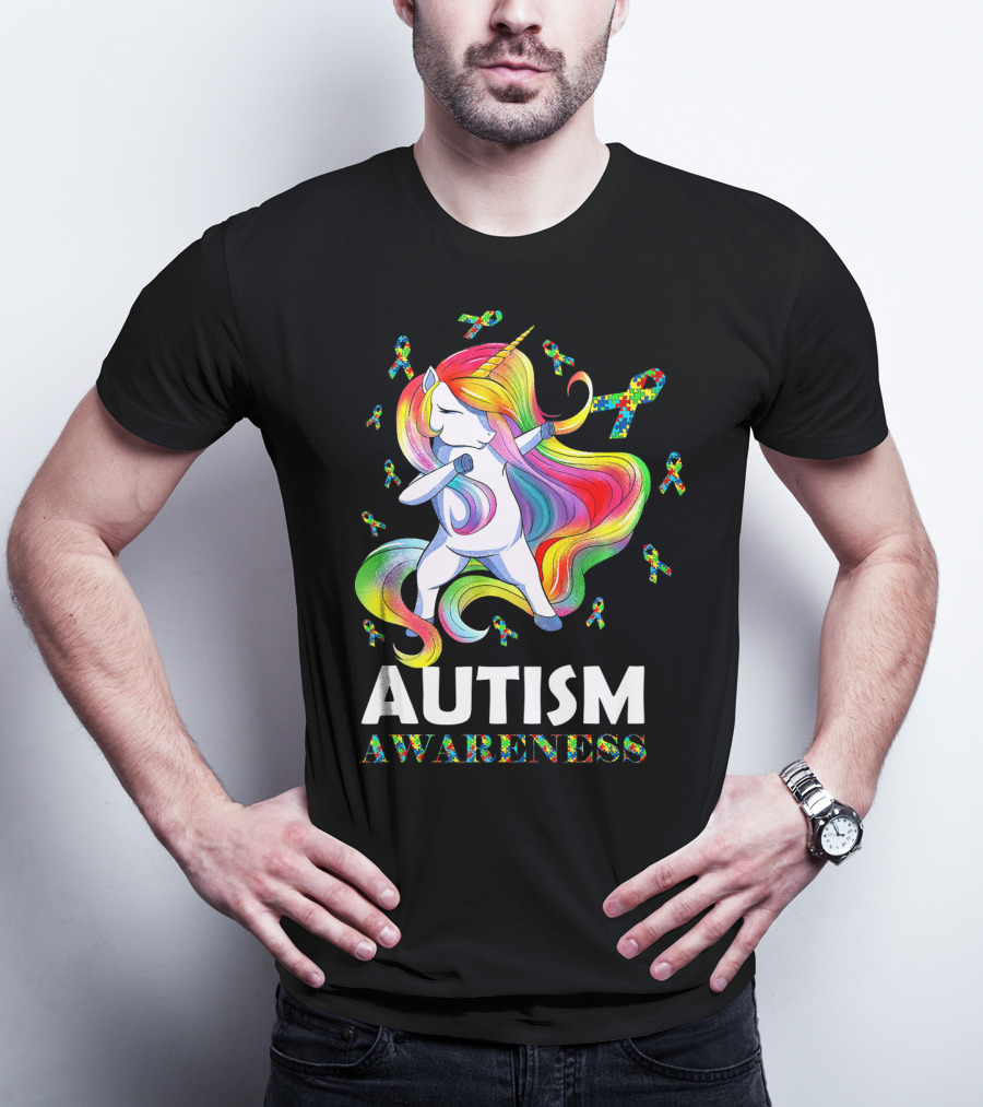 Autism Awareness Dabbing Unicorn With Colorful Puzzle Ribbons T-Shirt