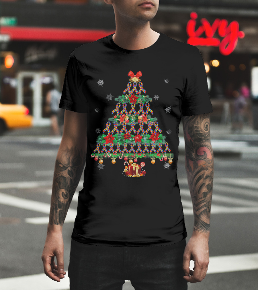 Autism Christmas Tree Puzzles And Xmas Lights With Presents And Snowflakes T-Shirt