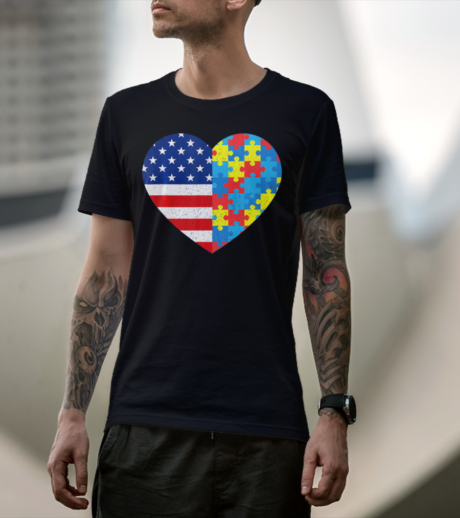 American Flag Heart Autism Awareness Puzzle Piece T-Shirt
