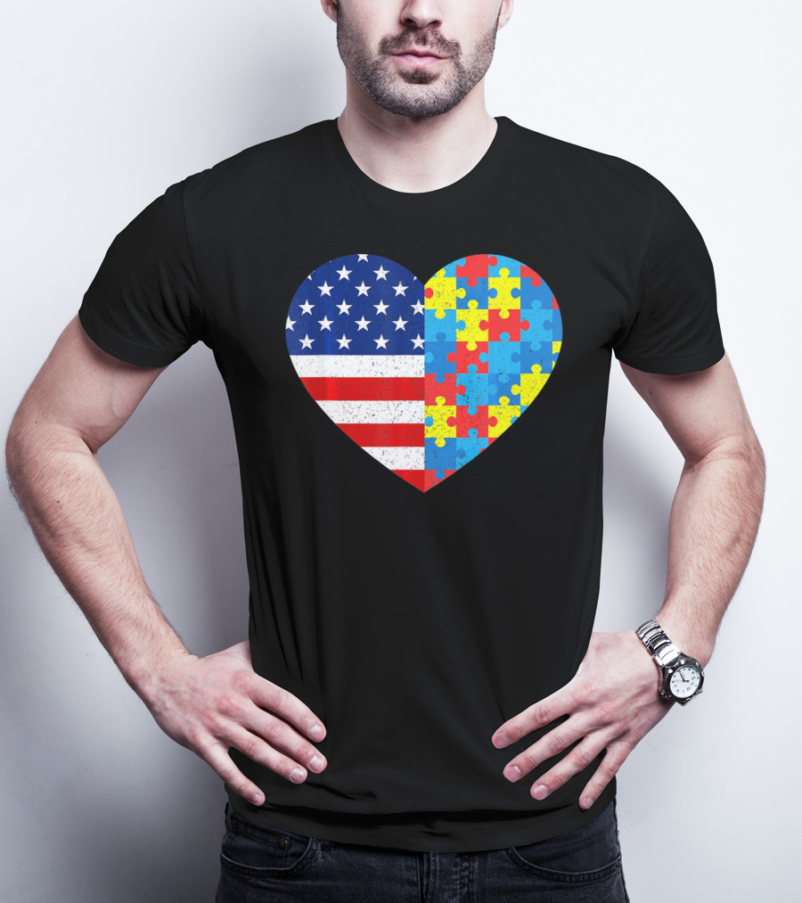 American Flag Heart Autism Awareness Puzzle Piece T-Shirt