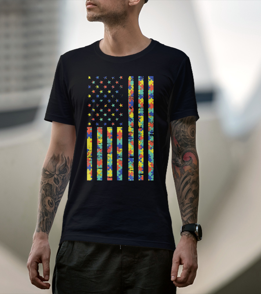 American Flag Puzzle Autism Awareness Stars T-Shirt