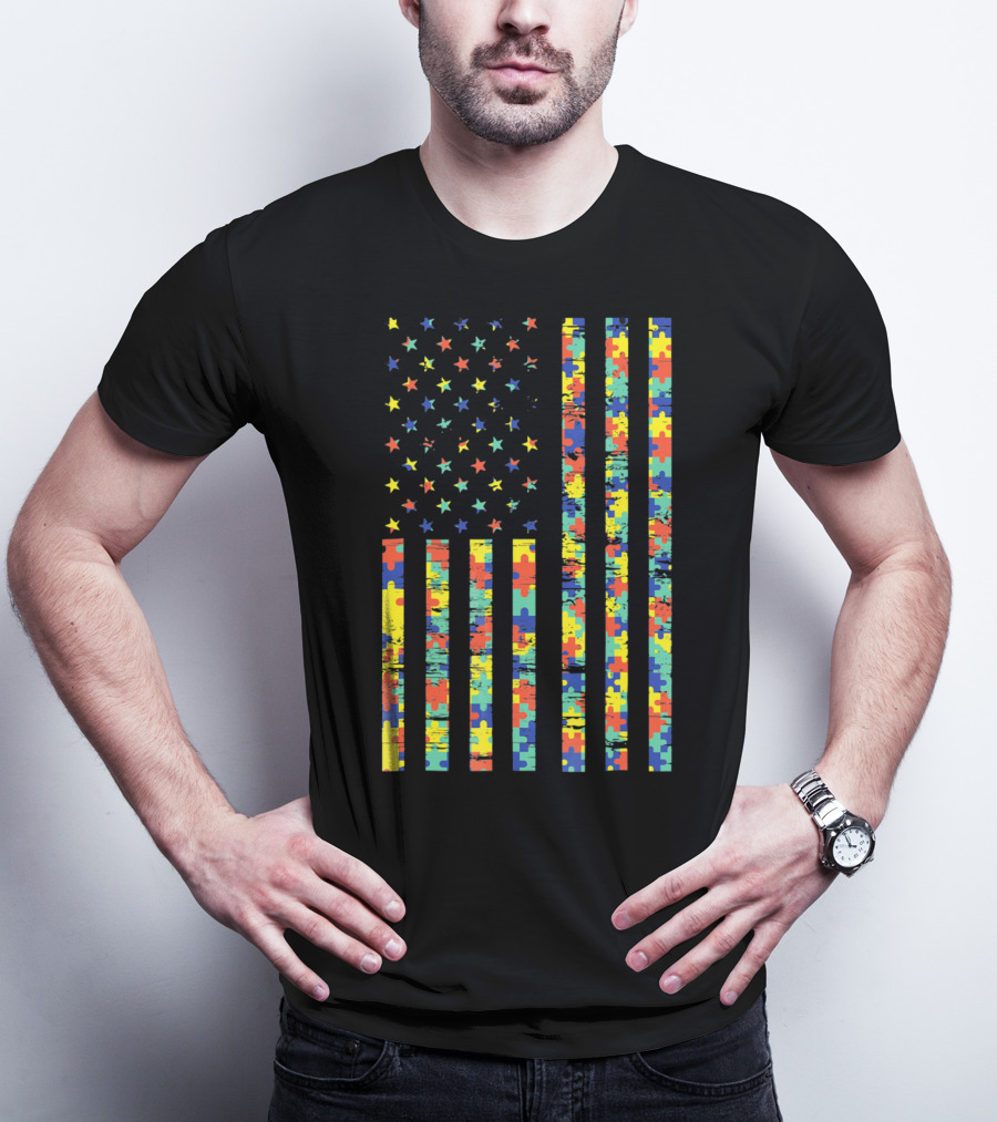 American Flag Puzzle Autism Awareness Stars T-Shirt