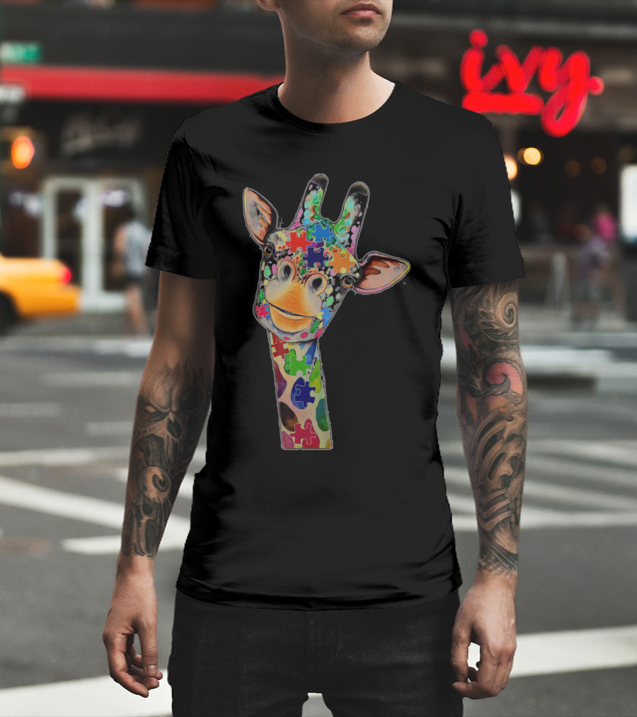 Cute Giraffe With Colorful Puzzle Pieces For Happy Autism Day Awareness T-Shirt