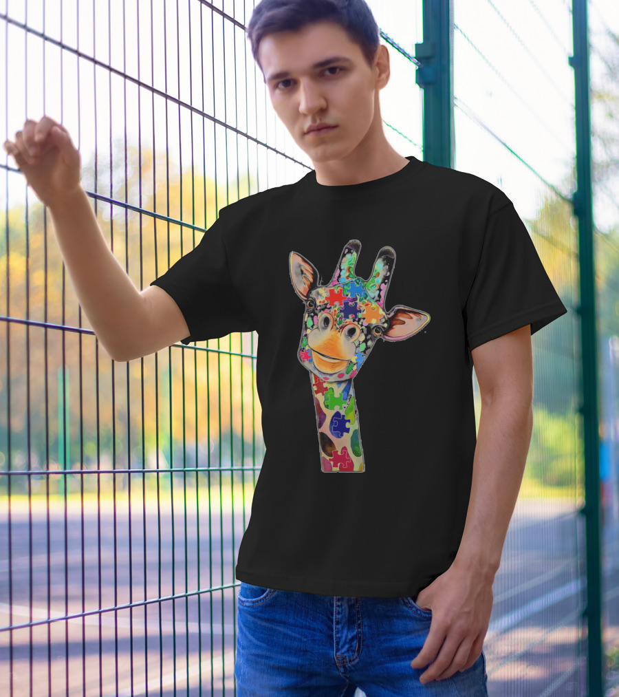 Cute Giraffe With Colorful Puzzle Pieces For Happy Autism Day Awareness T-Shirt