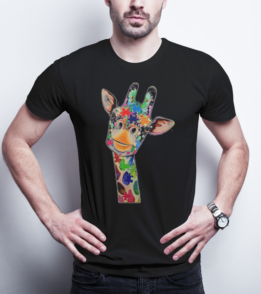 Cute Giraffe With Colorful Puzzle Pieces For Happy Autism Day Awareness T-Shirt