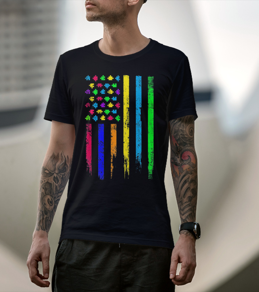 USA Flag Puzzle Pieces Rainbow Stripes T-Shirt