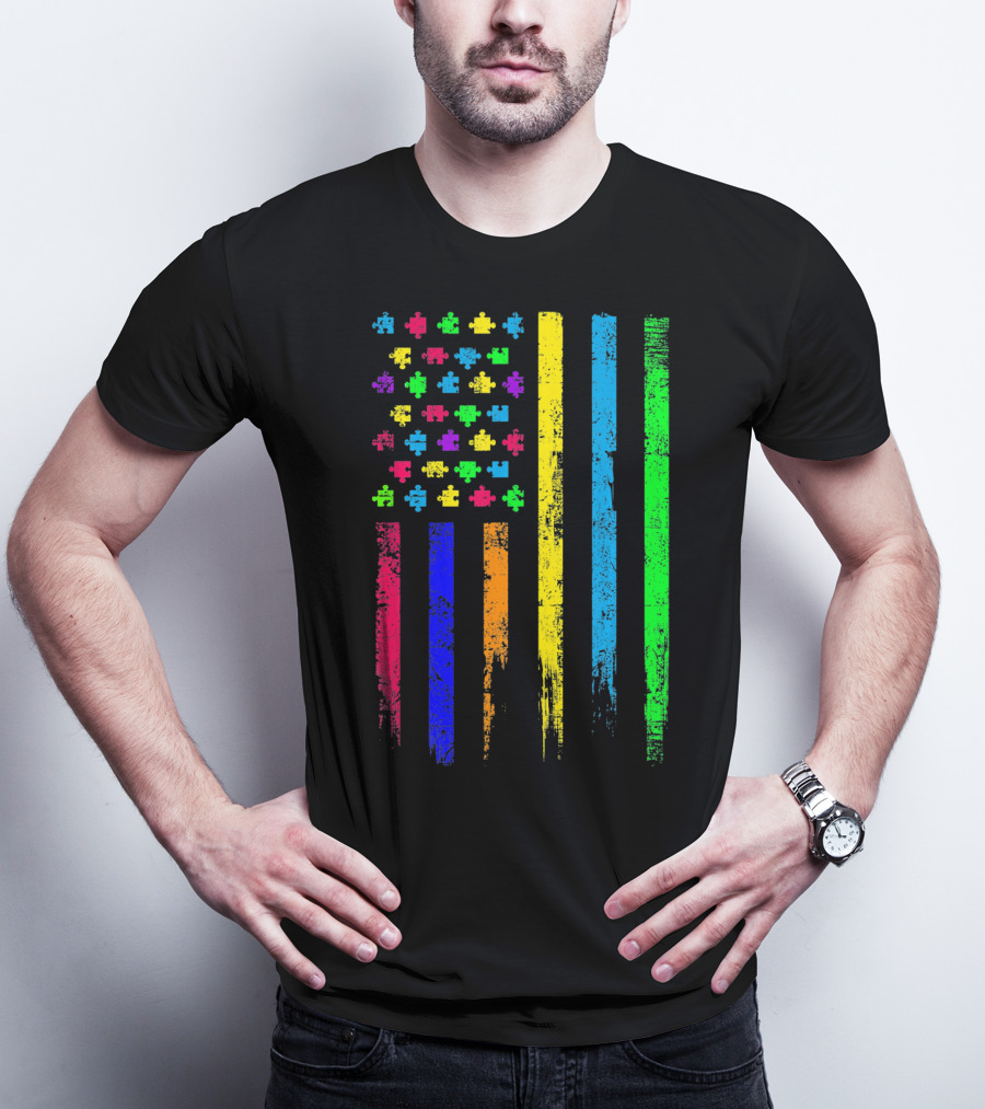 USA Flag Puzzle Pieces Rainbow Stripes T-Shirt