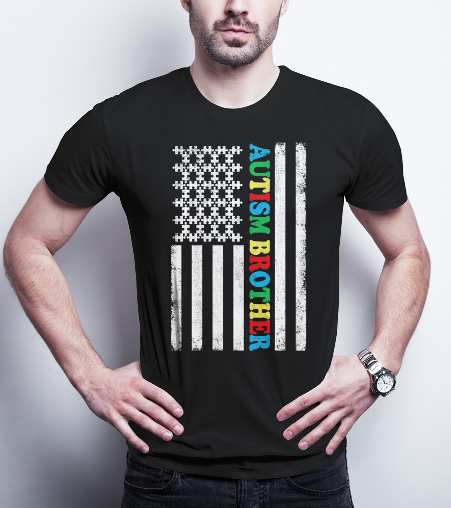 Autism Brother American Flag Puzzle Piece T-Shirt
