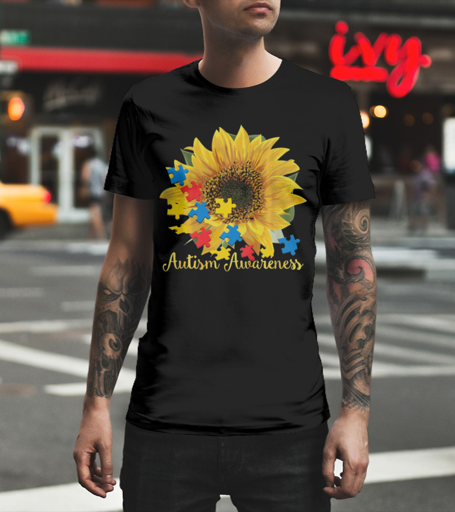 Autism Awareness Sunflower With Puzzle Pieces T-Shirt