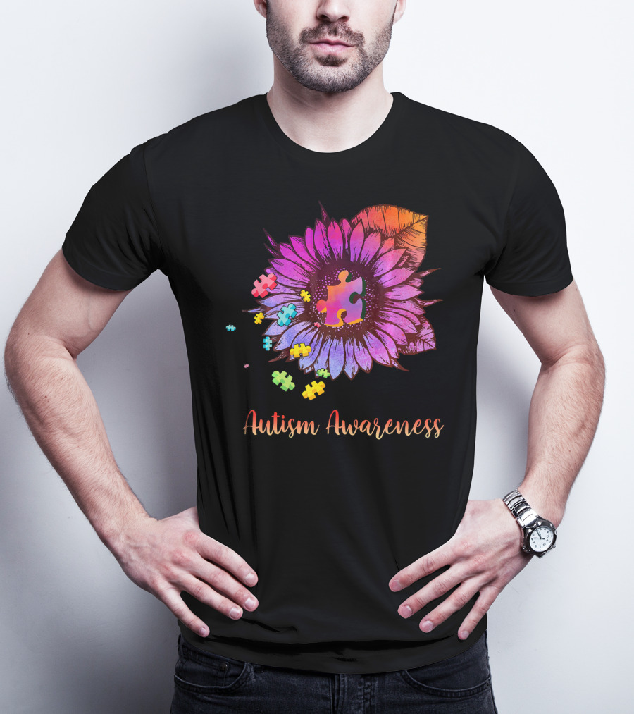 Autism Awareness Puzzle Ribbon Sunflower Hippie T-Shirt