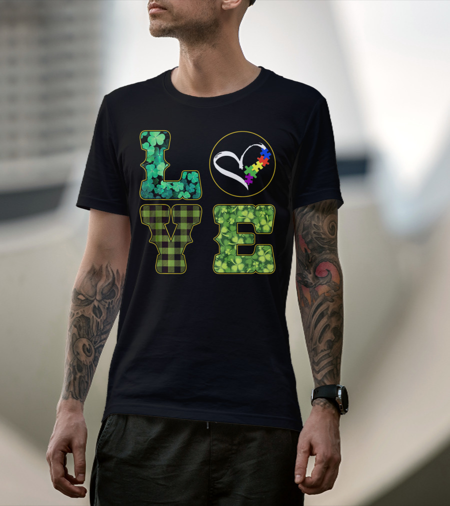 LOVE Shamrocks Plaid Heart Puzzle Autism Awareness St. Patrick's Day T-Shirt