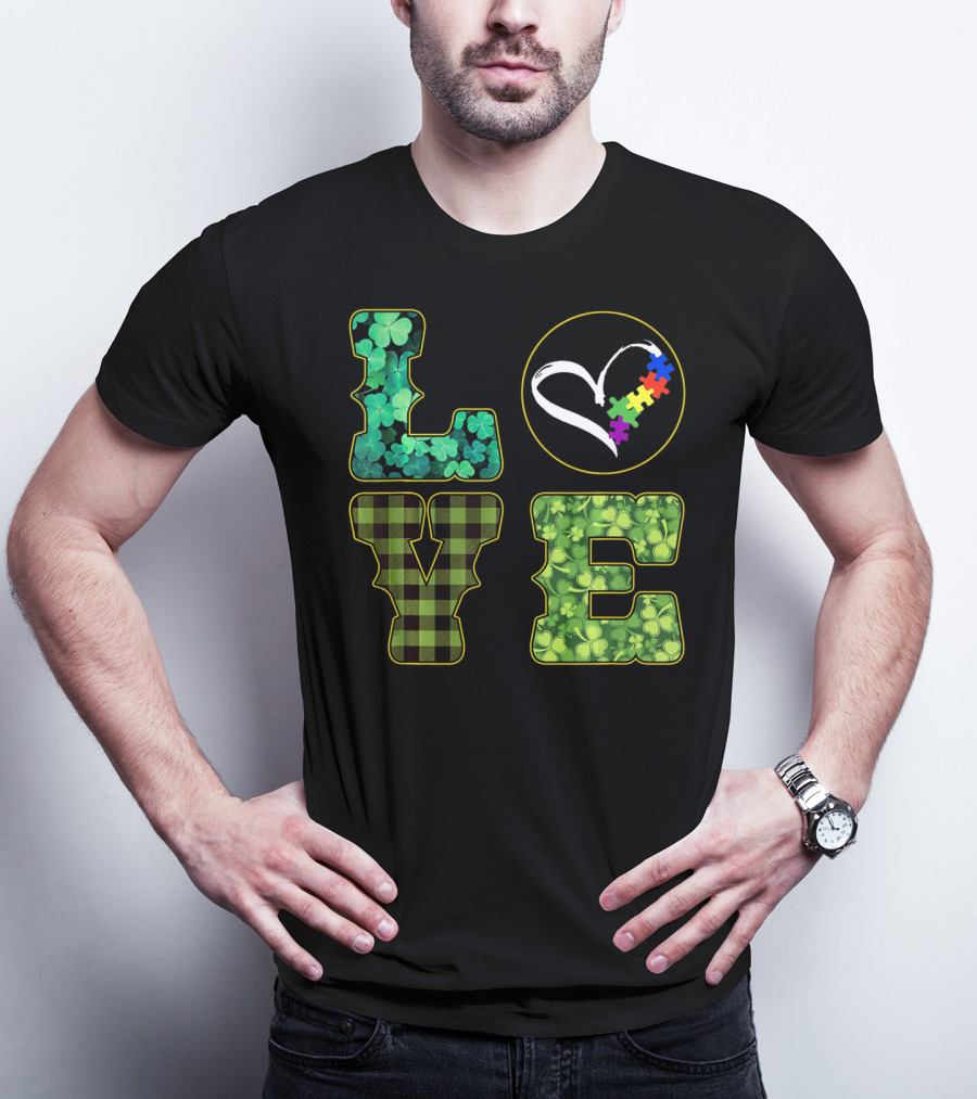 LOVE Shamrocks Plaid Heart Puzzle Autism Awareness St. Patrick's Day T-Shirt