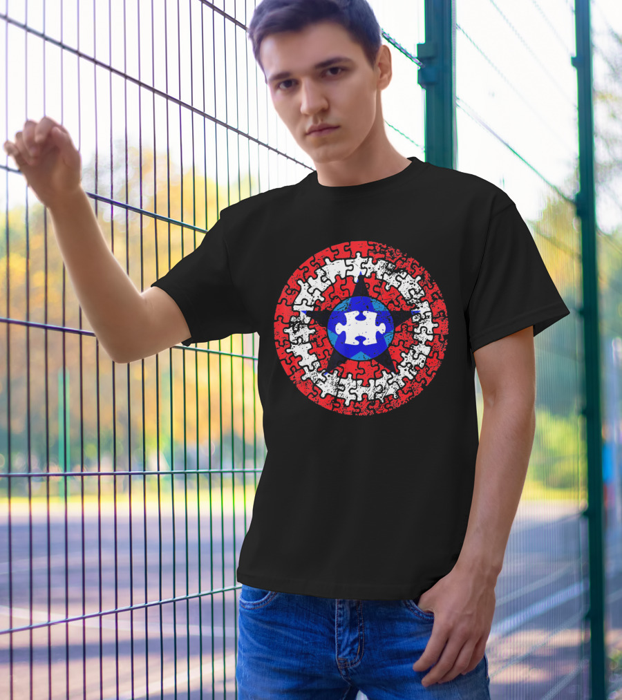 Captain Autism Superhero Shield Awareness Puzzle Star Emblem T-Shirt