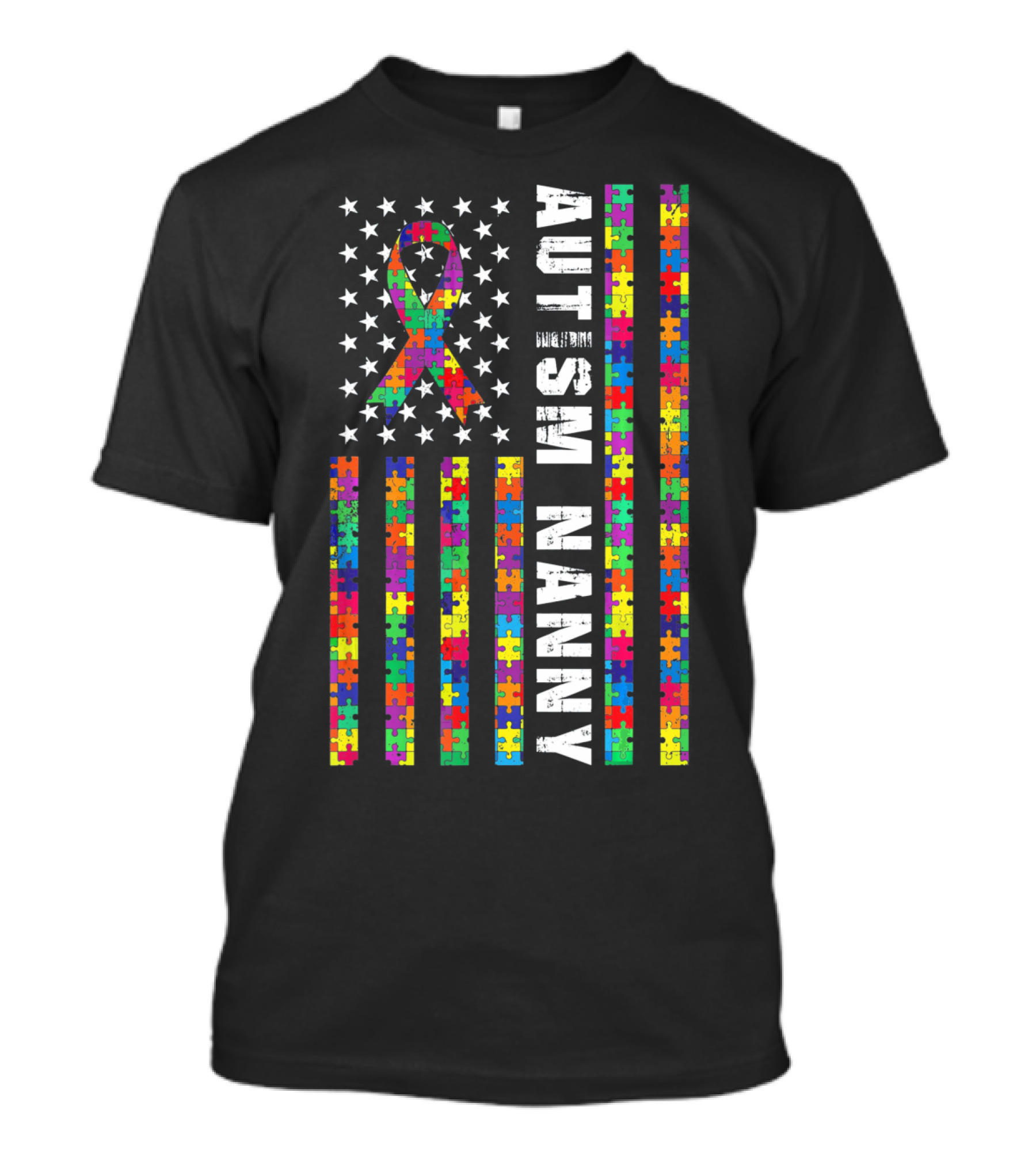 Autism Nanny Puzzle Flag With Rainbow Ribbon Autism T-Shirt