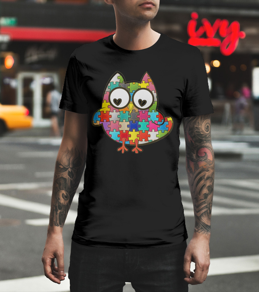 Autism Owl Puzzle Heart Eyes Autism Awareness Month T-Shirt