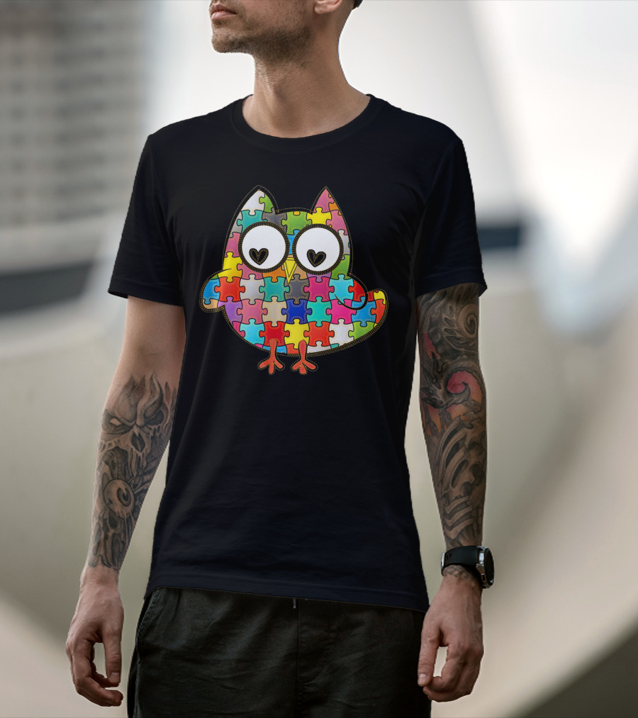 Autism Owl Puzzle Heart Eyes Autism Awareness Month T-Shirt