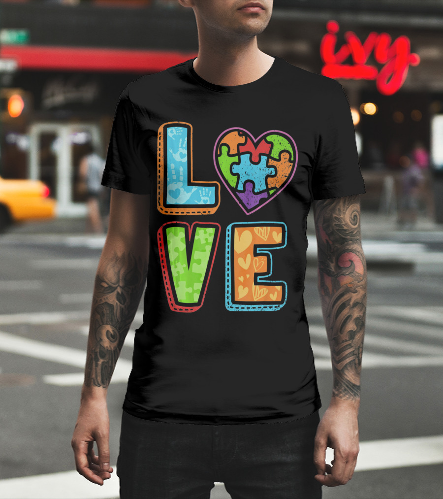 LOVE Heart Autism Awareness Puzzle Handprints T-Shirt