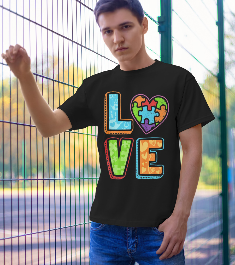 LOVE Heart Autism Awareness Puzzle Handprints T-Shirt