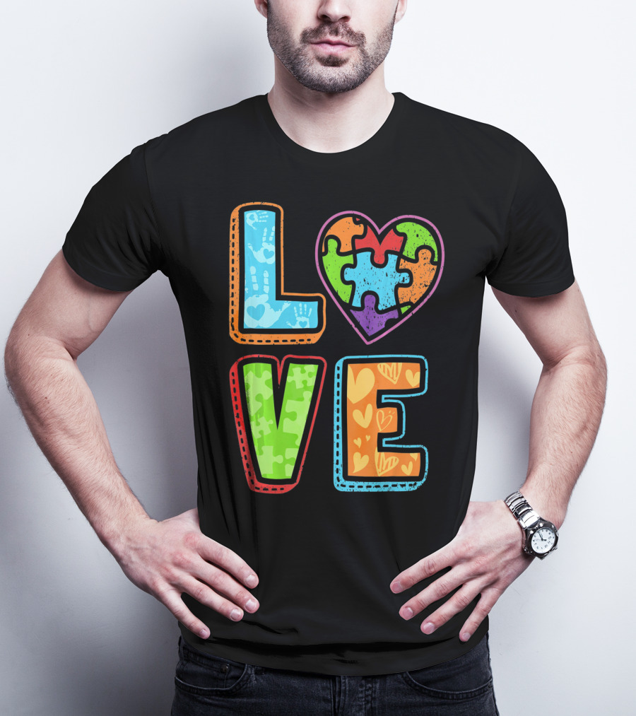 LOVE Heart Autism Awareness Puzzle Handprints T-Shirt