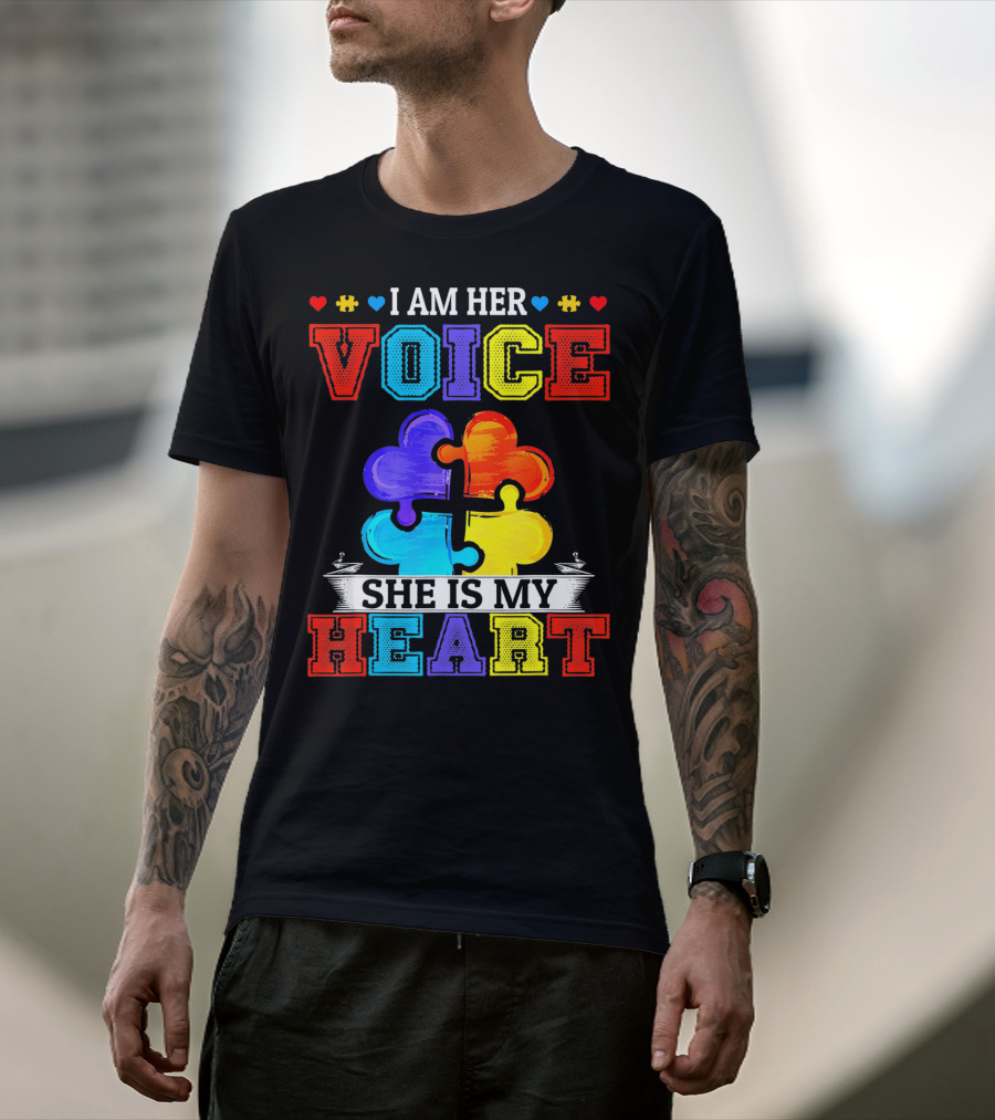 I Am Her Voice She Is My Heart Autism Puzzle Pieces T-Shirt