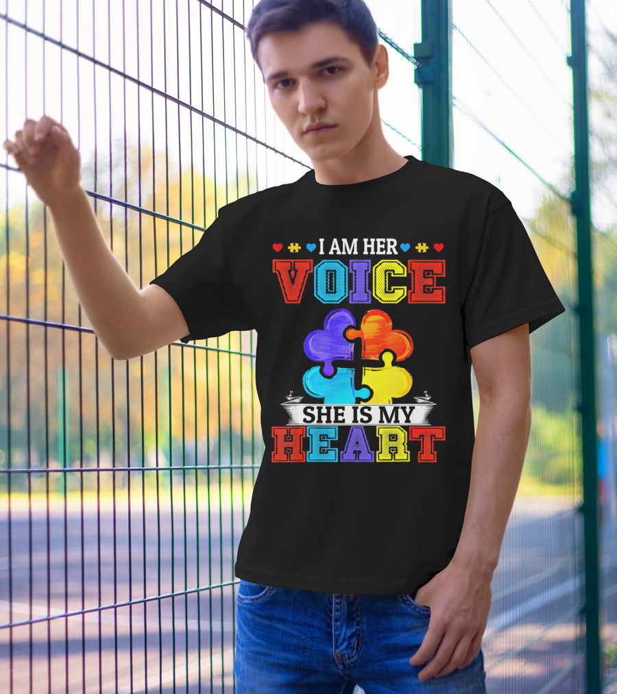I Am Her Voice She Is My Heart Autism Puzzle Pieces T-Shirt