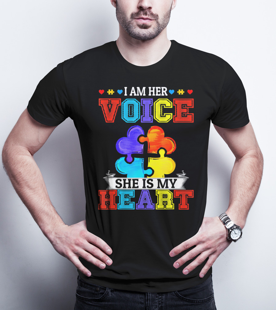 I Am Her Voice She Is My Heart Autism Puzzle Pieces T-Shirt