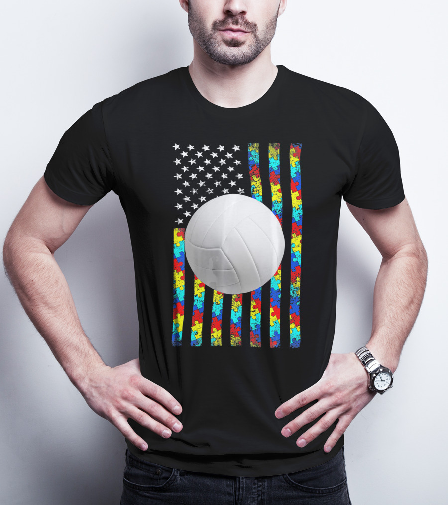 Autism Awareness Puzzle Flag Volleyball American Flag T-Shirt