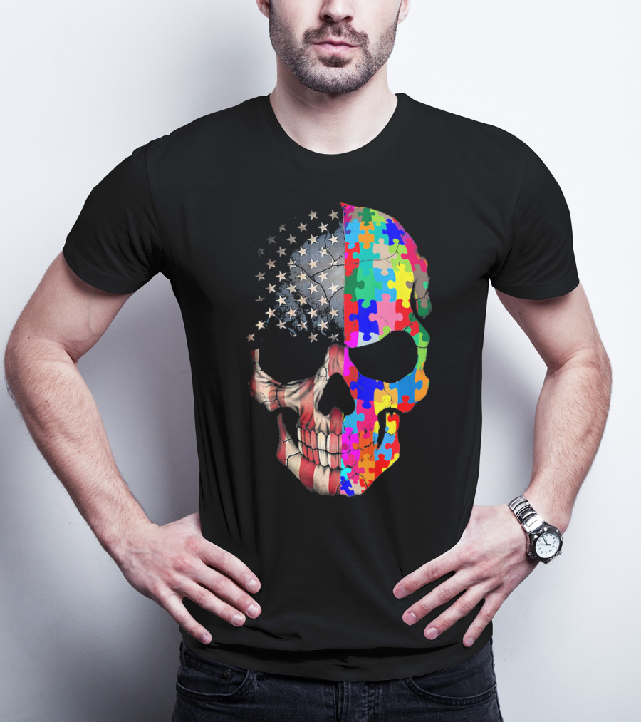 American Flag Autism Awareness Skull Puzzle Pieces Sku T-Shirt