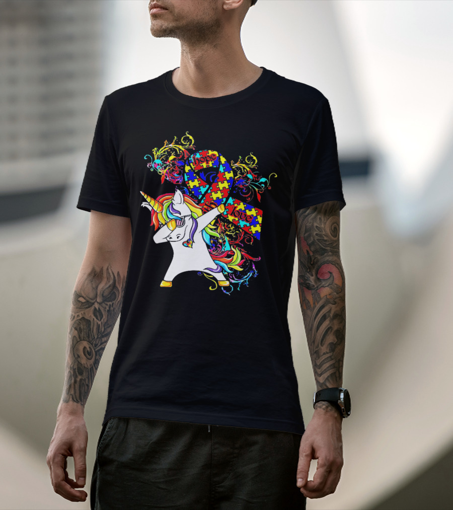 Unicorn Dabbing Hope Love Autism Awareness Puzzle T-Shirt