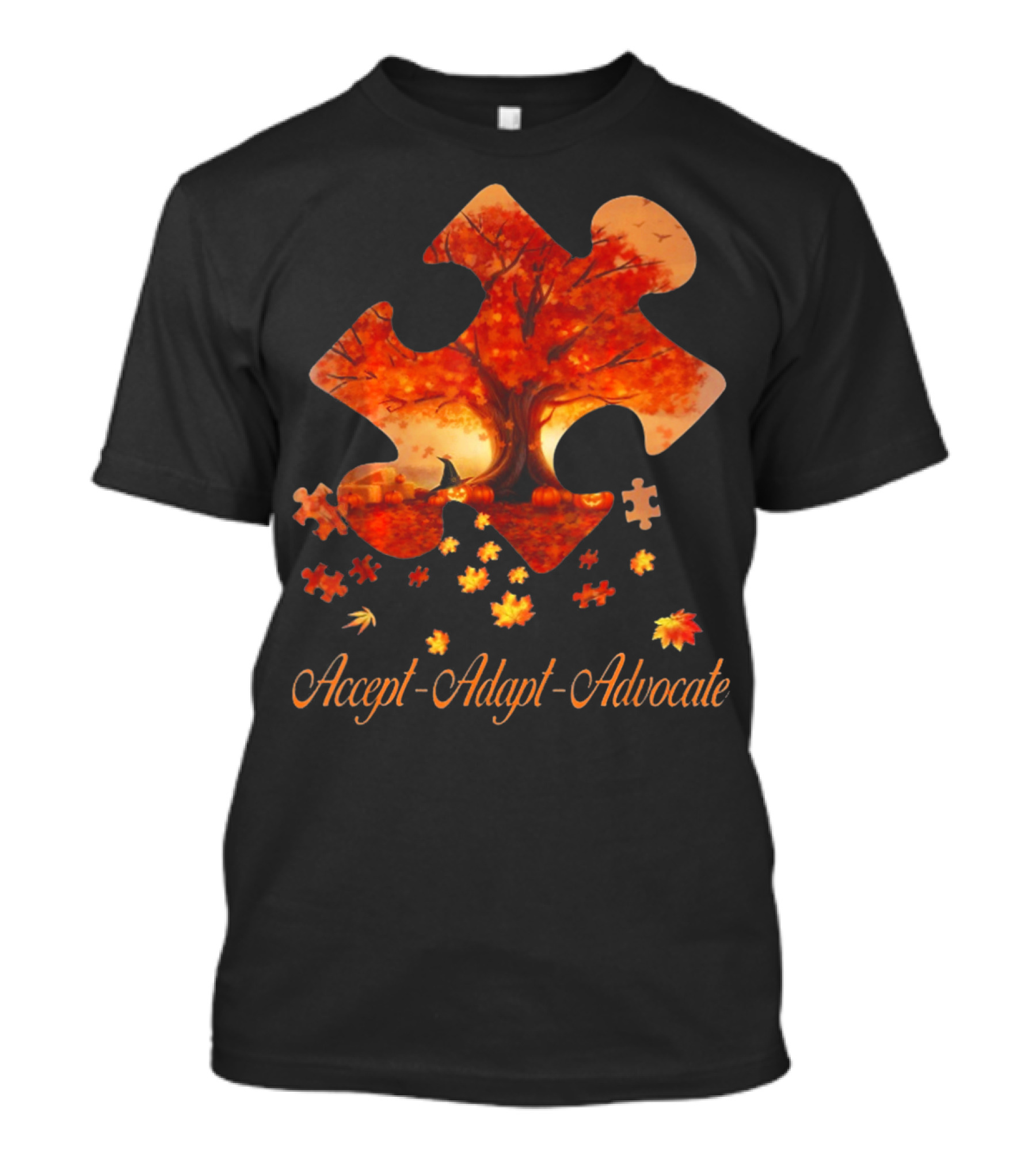 Accept Adapt Advocate Puzzle Autumn Leaves Autism Awareness T-Shirt