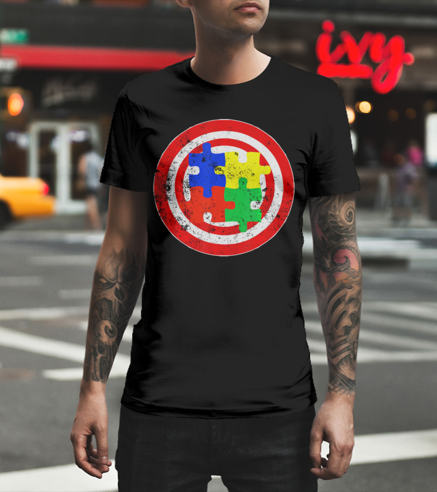 Autism Awareness Puzzle Shield Captain Autism T-Shirt