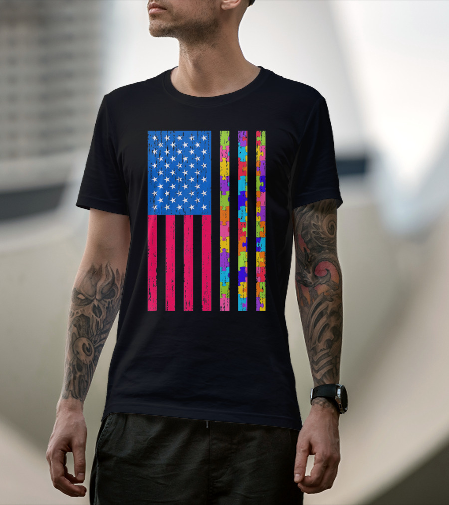 Autism Puzzle Piece American Flag USA T-Shirt