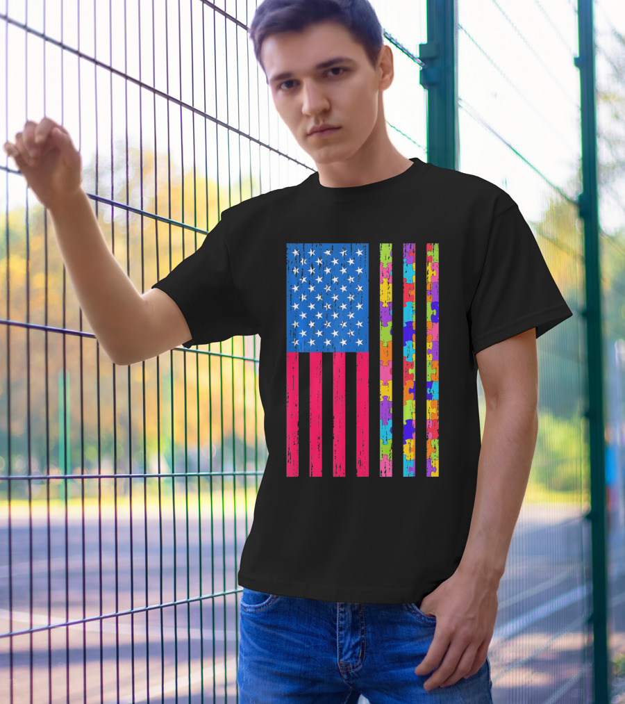 Autism Puzzle Piece American Flag USA T-Shirt