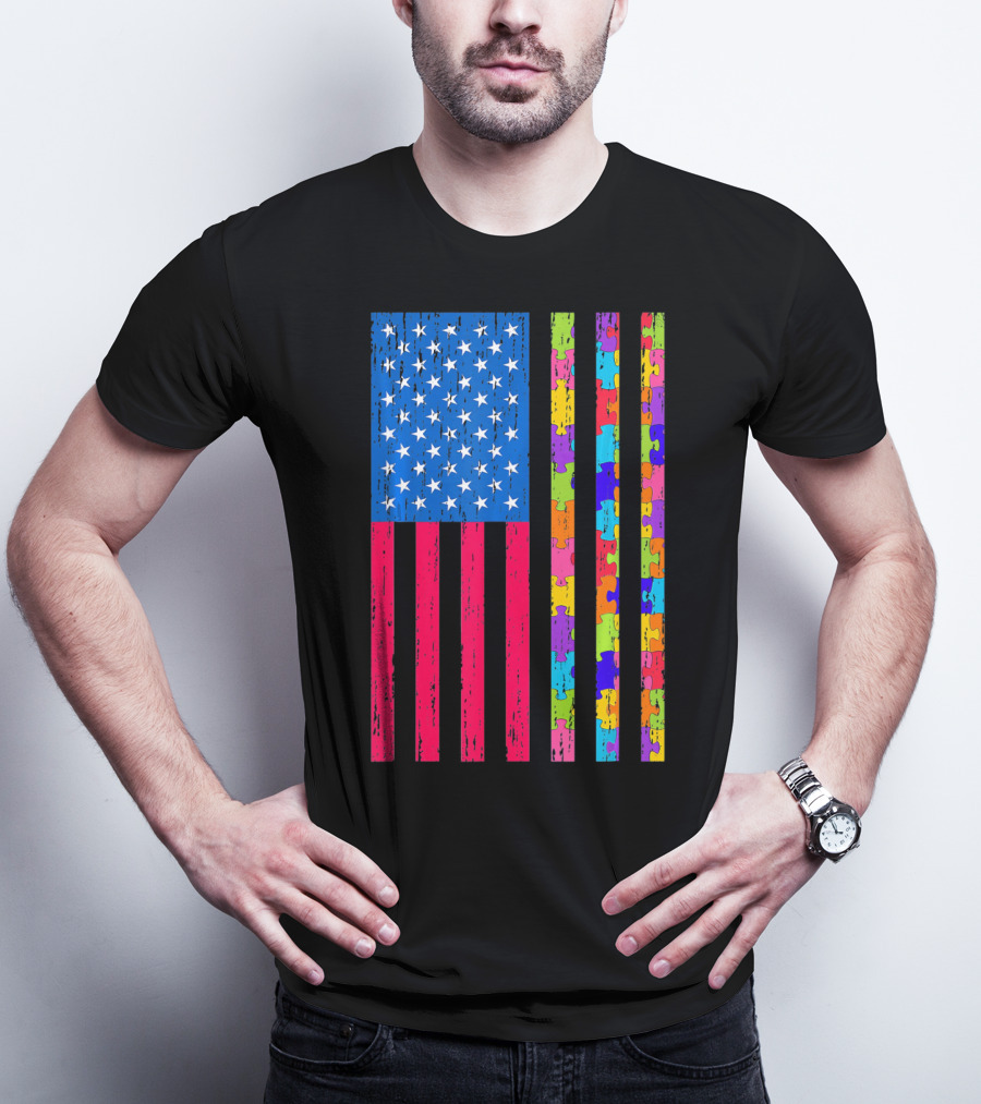 Autism Puzzle Piece American Flag USA T-Shirt