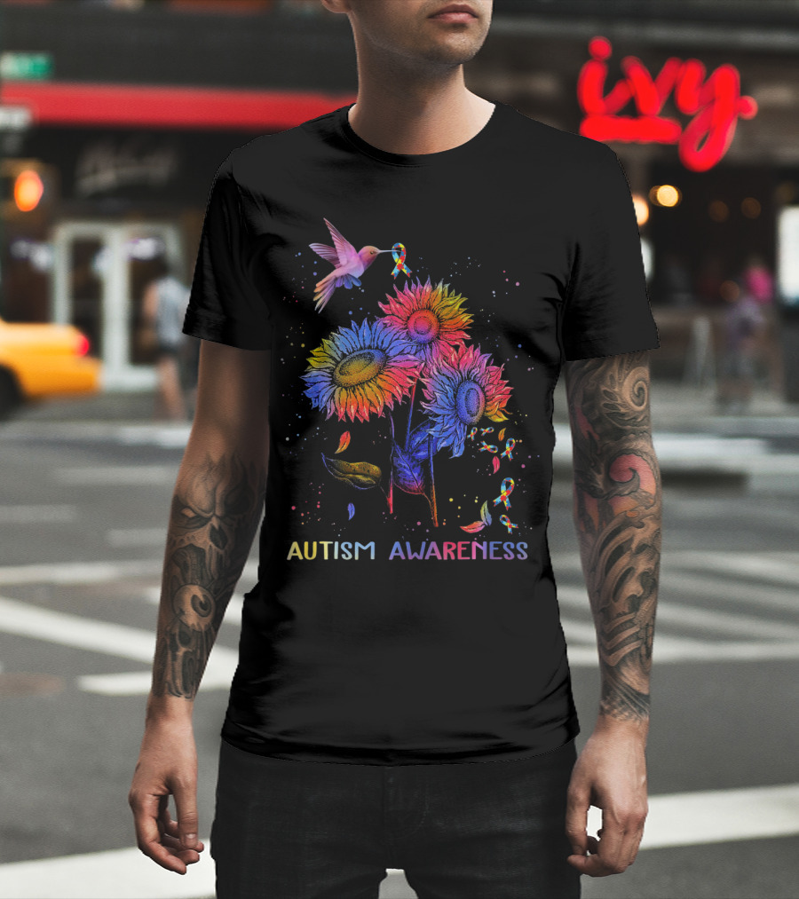 Autism Awareness Colorful Hummingbird And Sunflowers With Ribbons T-Shirt