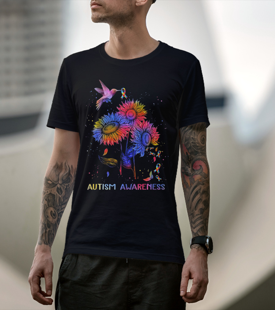 Autism Awareness Colorful Hummingbird And Sunflowers With Ribbons T-Shirt