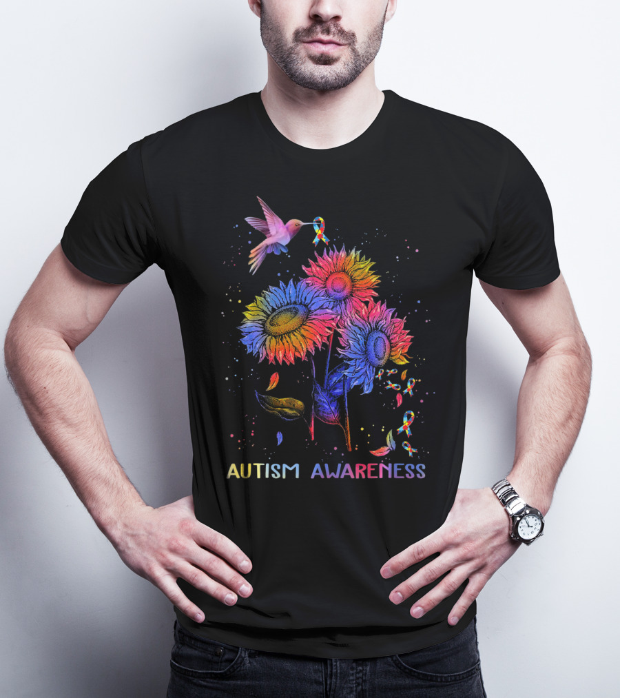 Autism Awareness Colorful Hummingbird And Sunflowers With Ribbons T-Shirt