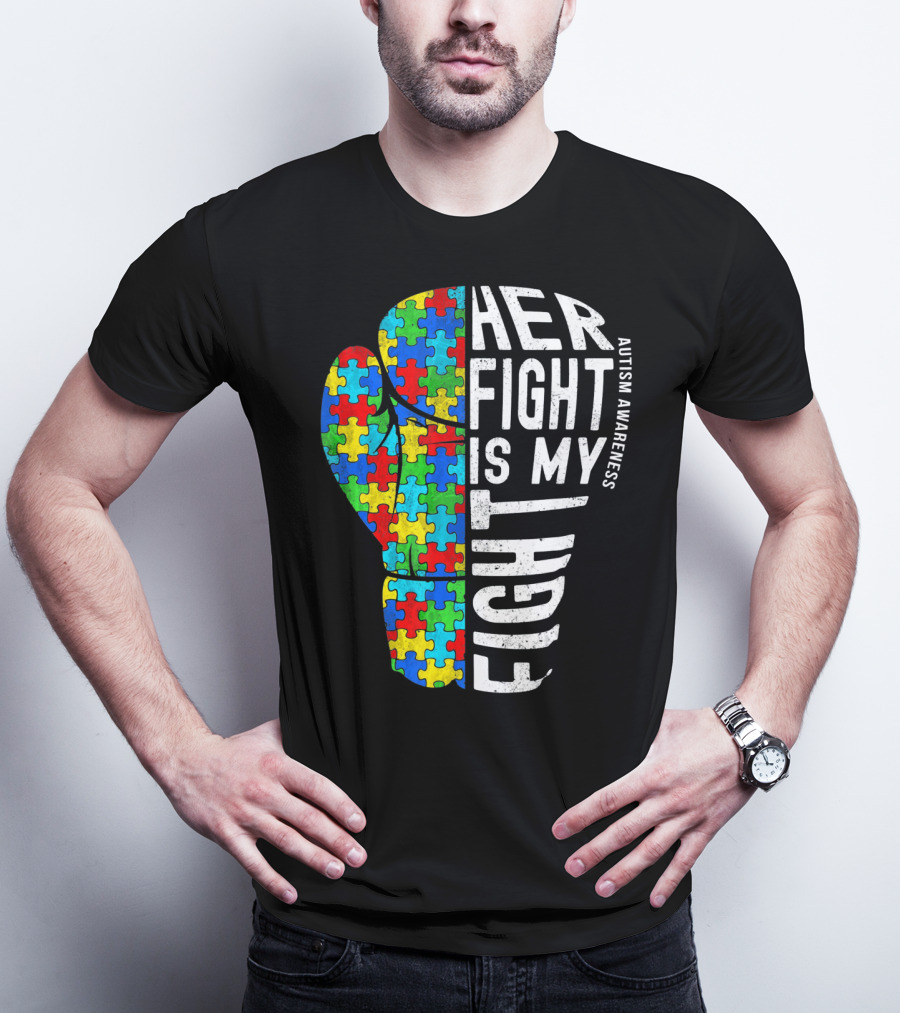 Autism Awareness Her Fight Is My Fight Boxing Glove Puzzle T-Shirt
