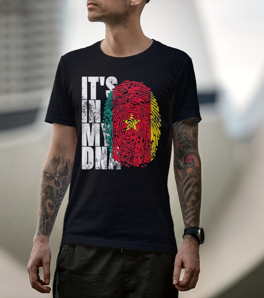 IT'S IN MY DNA Cameroonian Afro American Flag Fingerprint T-Shirt