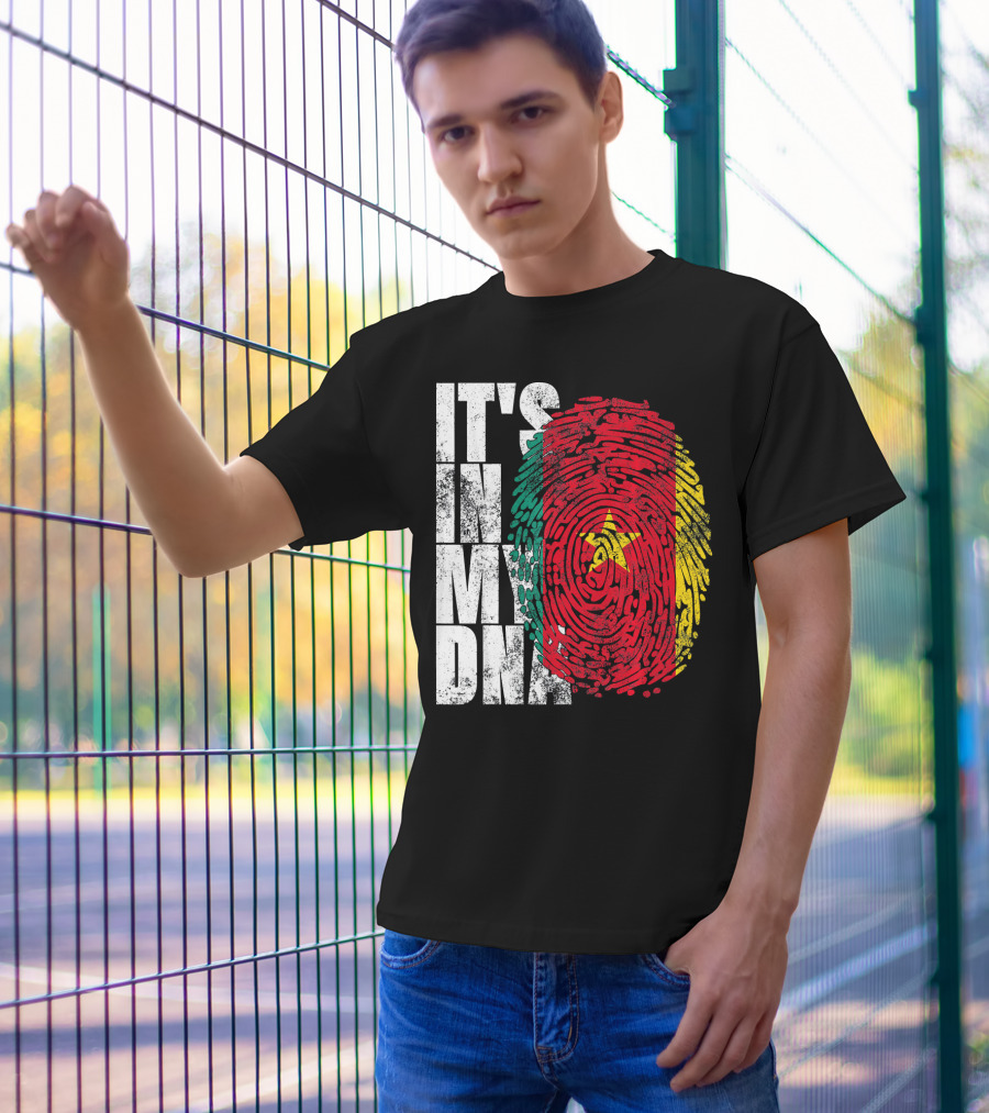 IT'S IN MY DNA Cameroonian Afro American Flag Fingerprint T-Shirt