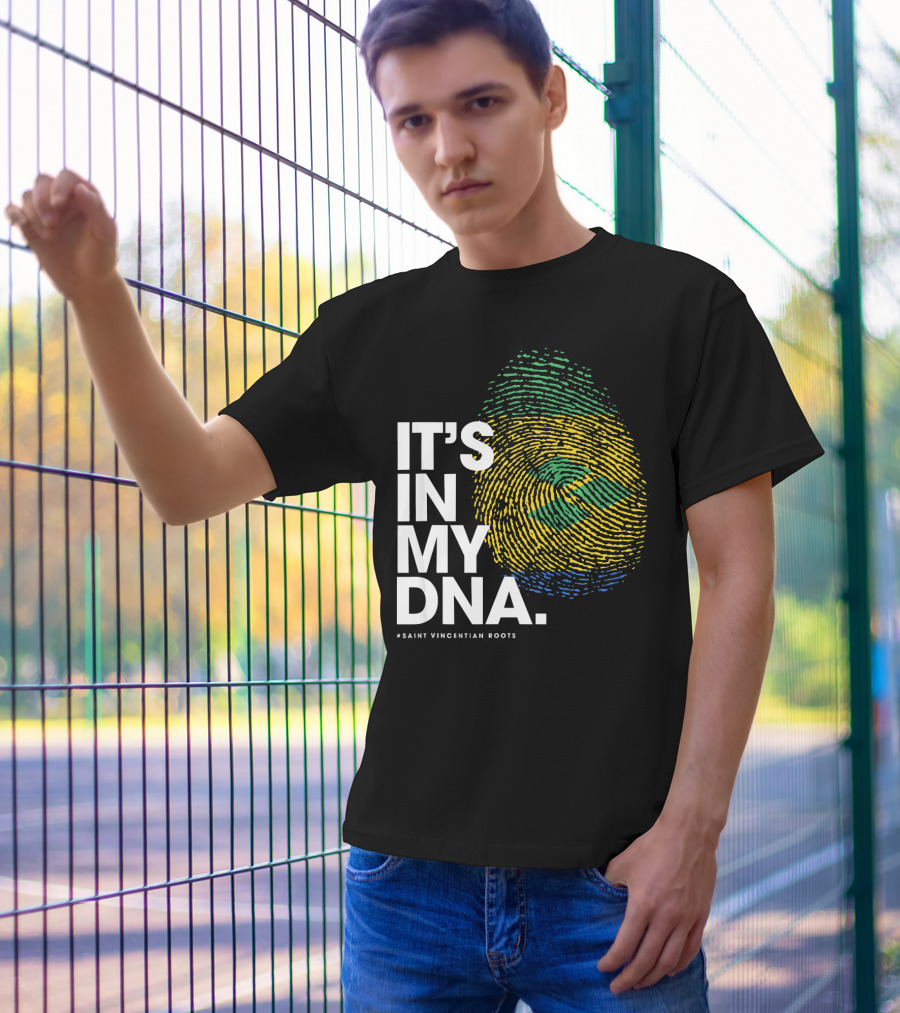IT'S IN MY DNA Saint Vincentian Roots Fingerprint Flag Colors T-Shirt