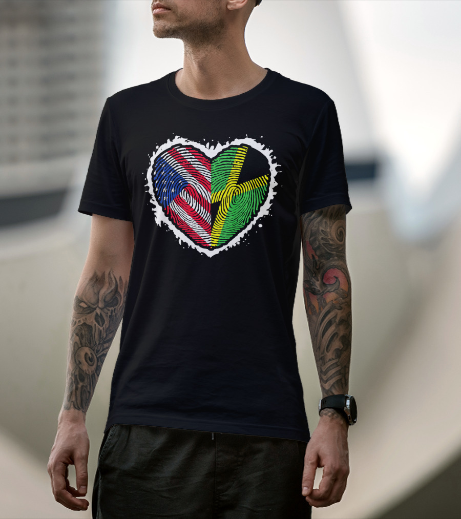 Fingerprint DNA Heart Love Jamaica USA Flag T-Shirt