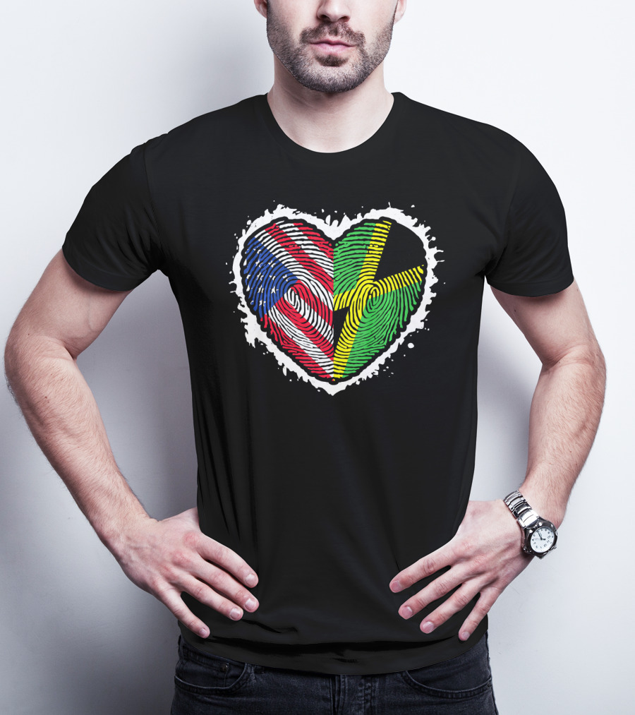 Fingerprint DNA Heart Love Jamaica USA Flag T-Shirt
