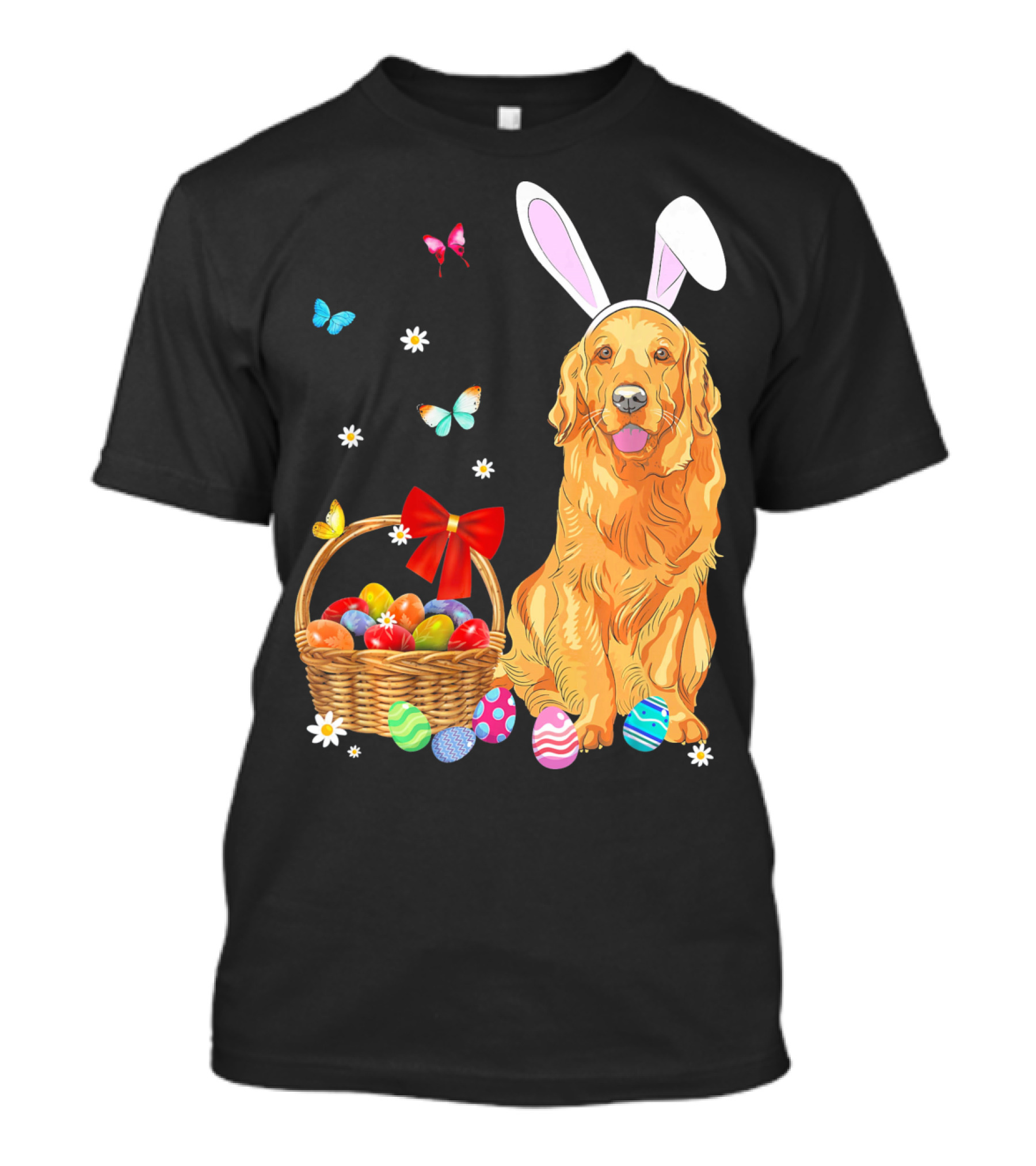 Golden Retriever Bunny Ears Easter Eggs Basket Butterflies T-Shirt