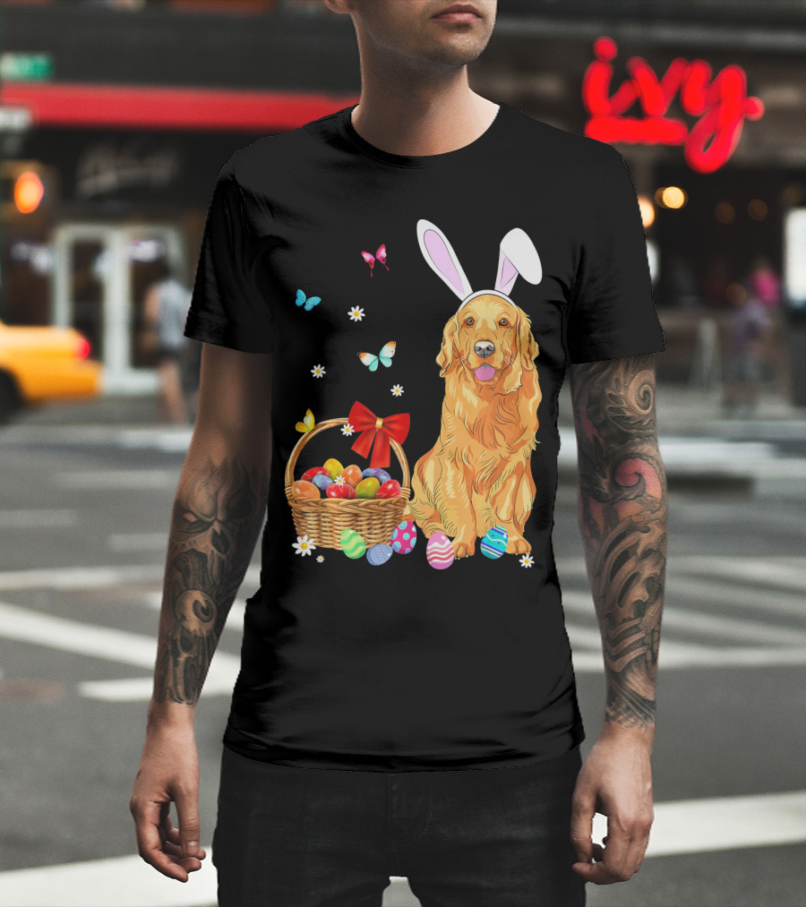 Golden Retriever Bunny Ears Easter Eggs Basket Butterflies T-Shirt