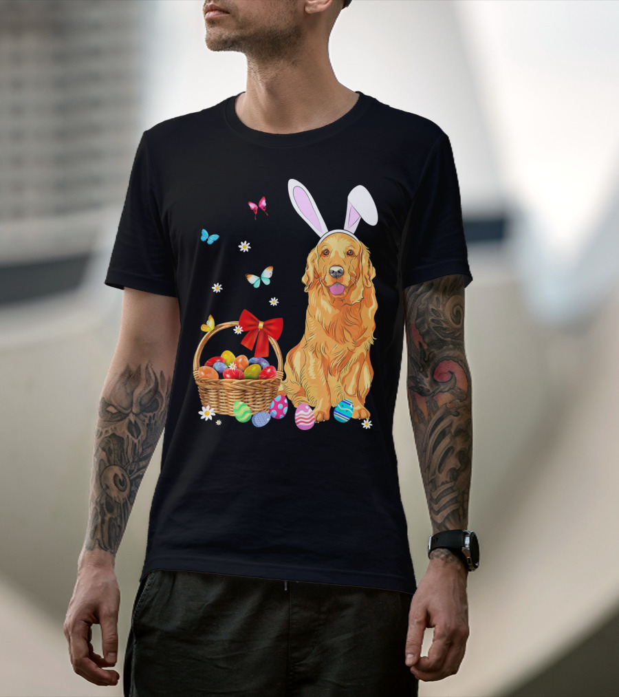 Golden Retriever Bunny Ears Easter Eggs Basket Butterflies T-Shirt