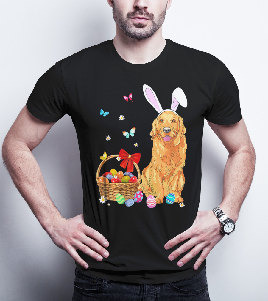Golden Retriever Bunny Ears Easter Eggs Basket Butterflies T-Shirt